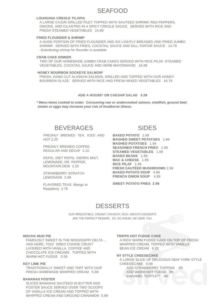 Tripps menu in Greensboro, North Carolina, USA