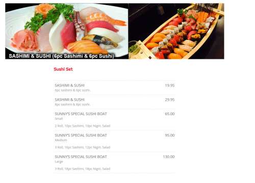 Sunny's Sushi menu in El Paso, Texas, USA