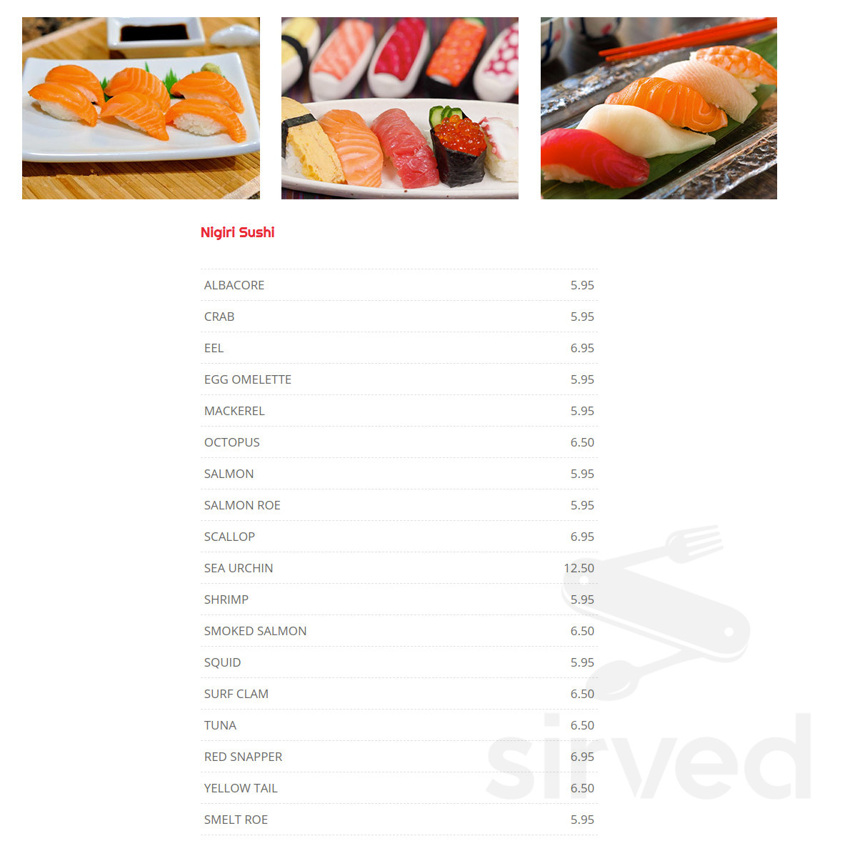 Sunny's Sushi menu in El Paso, Texas, USA