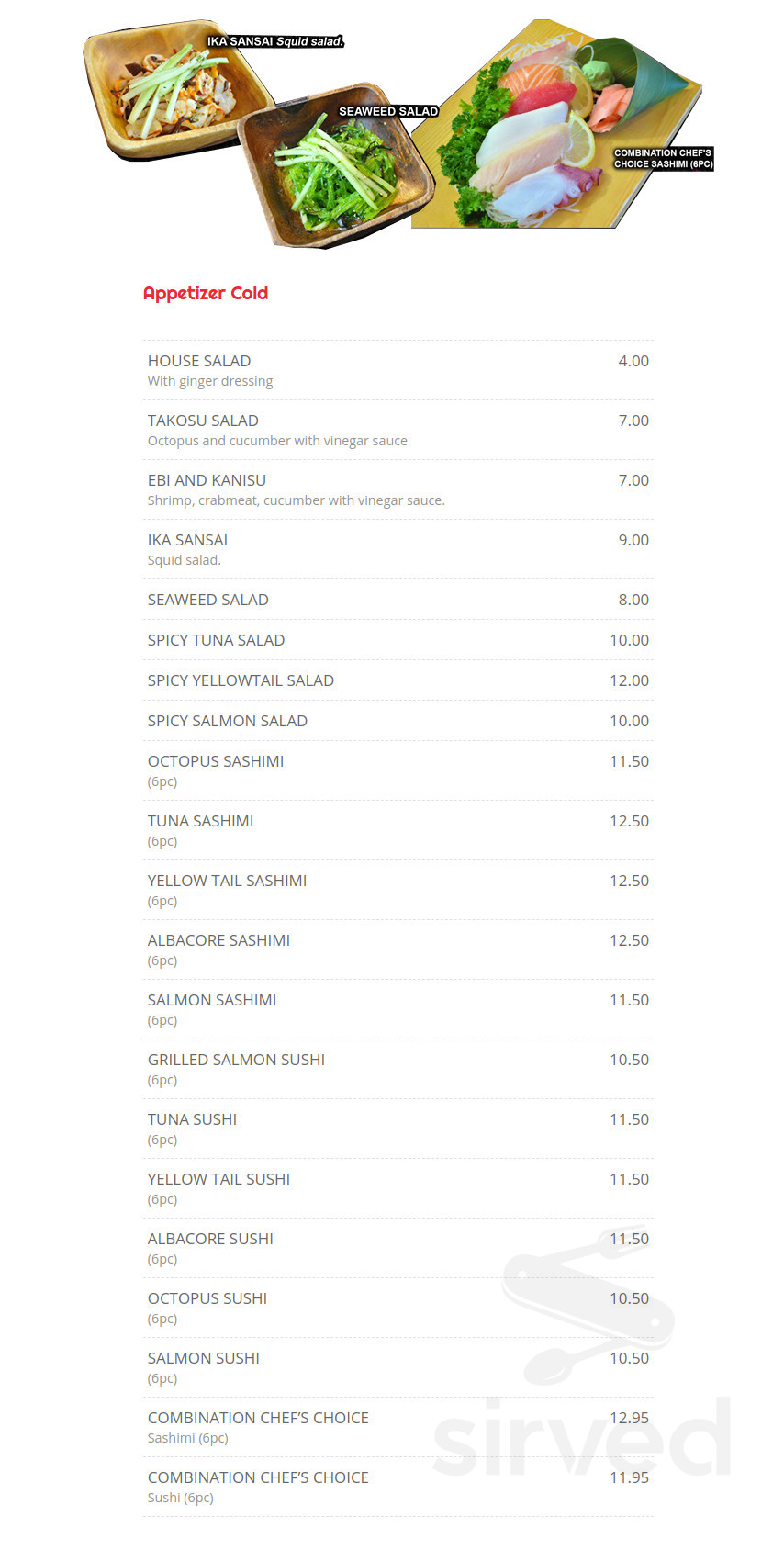 Sunny's Sushi menu in El Paso, Texas, USA