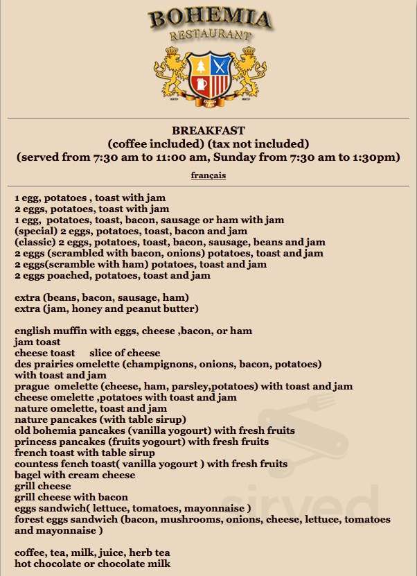 Menu - Brossard QC's Restaurant Bohemia | Sirved