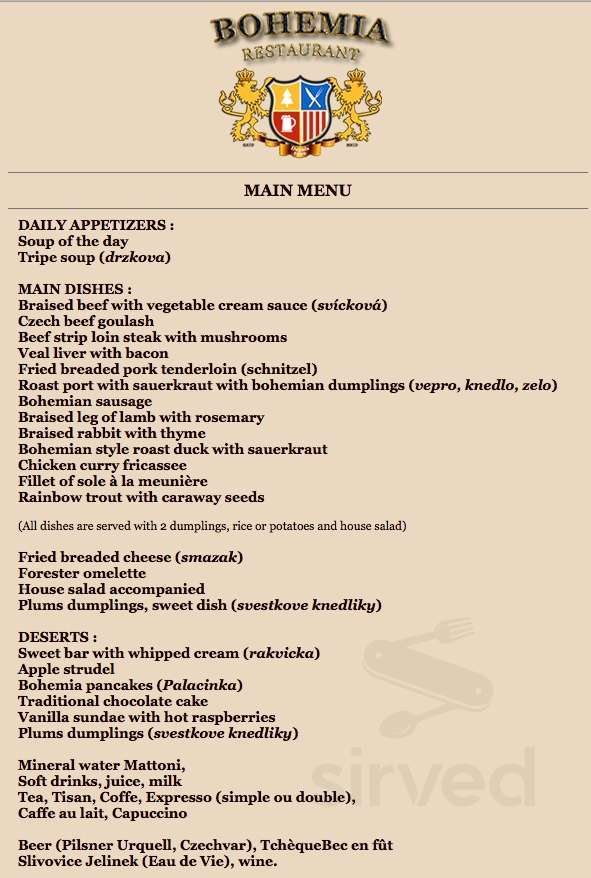 Menu - Brossard QC's Restaurant Bohemia | Sirved