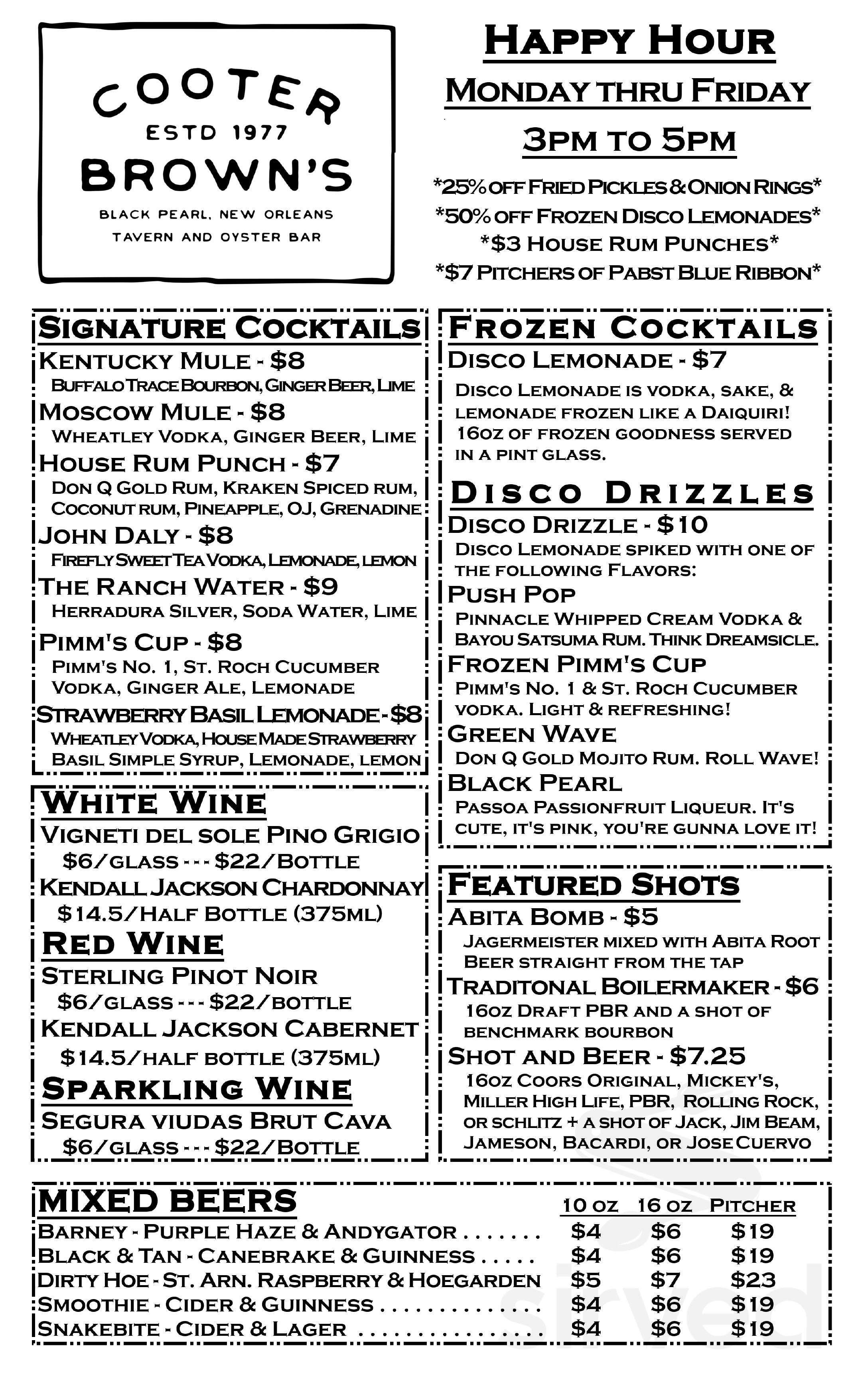 Menu for Cooter Brown's Tavern in New Orleans, Louisiana, United States