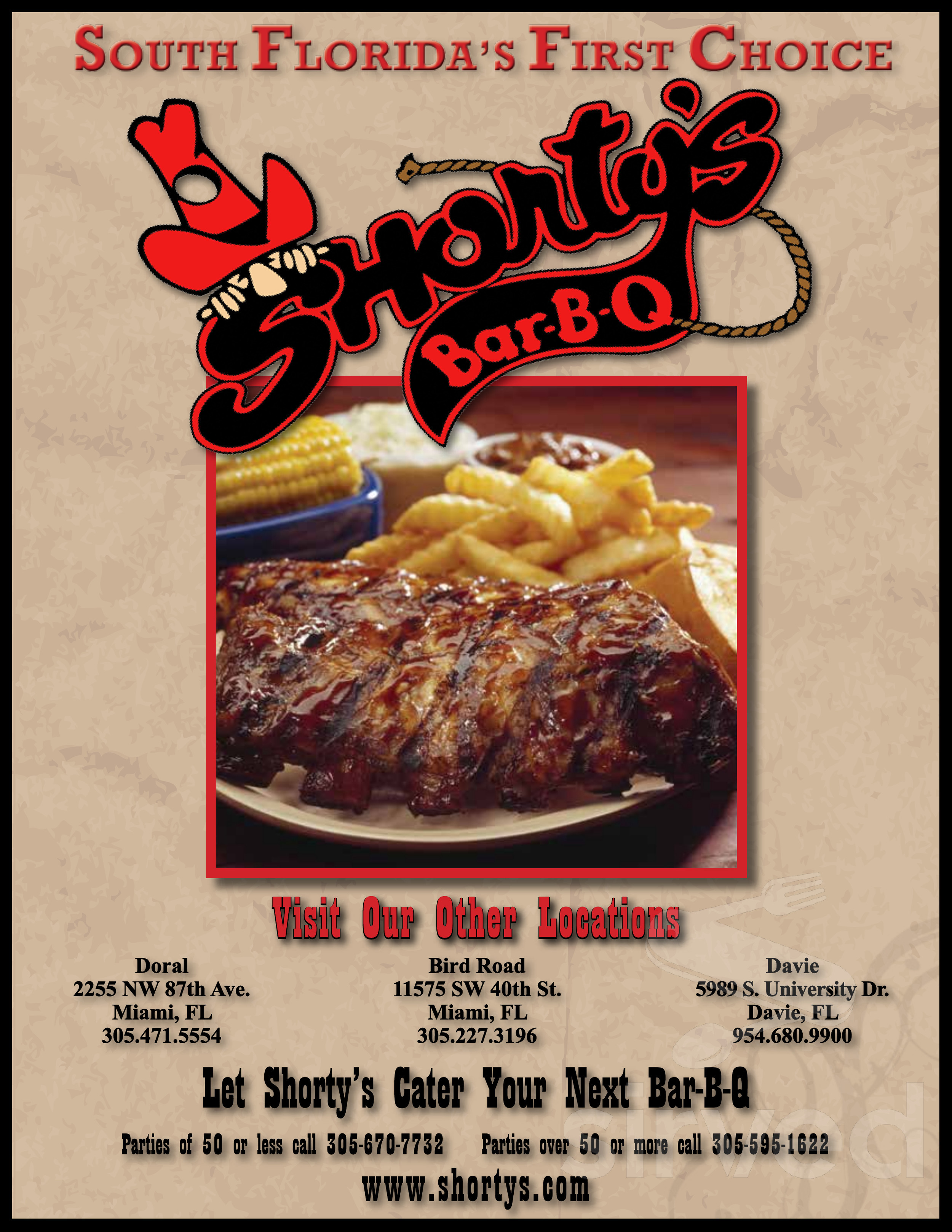 Shorty's BBQ - Dadeland-South Dixie menu in Miami, Florida, USA