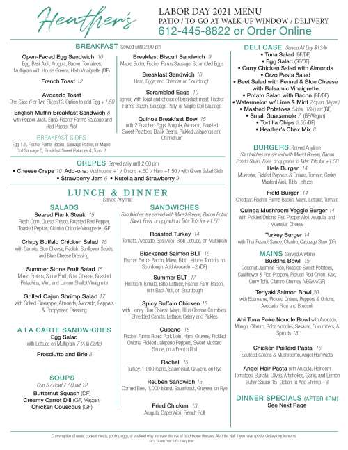Heather's menu in Minneapolis, Minnesota, USA