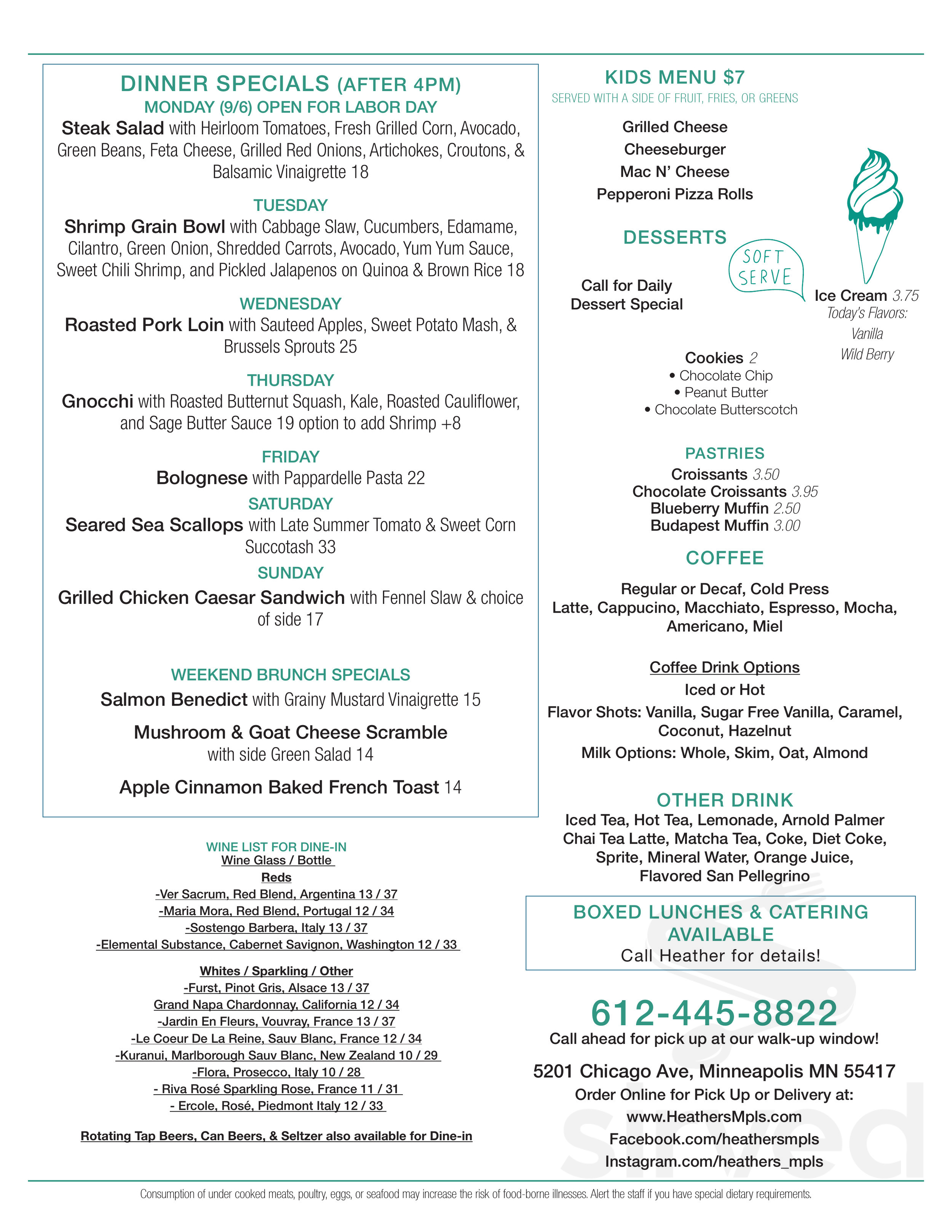 Heather's menus in Minneapolis, Minnesota, United States