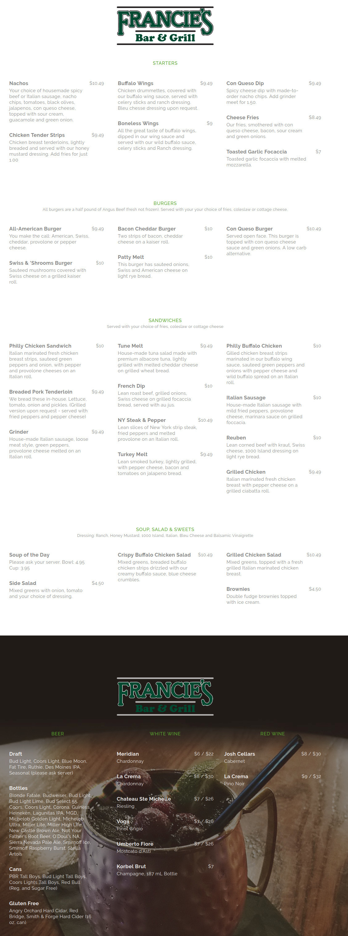 Menu for Francies in Des Moines, IA | Sirved