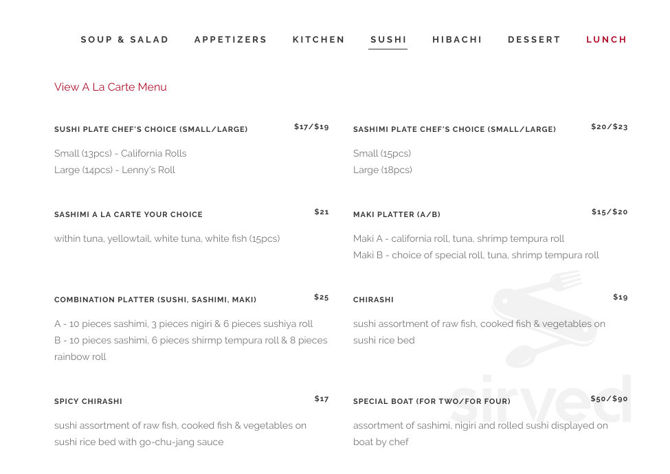 Sushiya menu in Williamsburg, Virginia, USA
