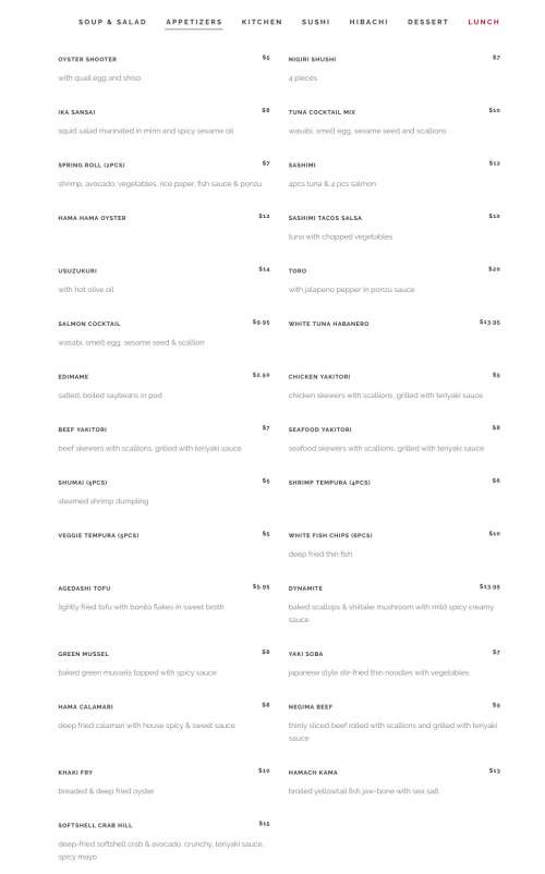 Sushiya menu in Williamsburg, Virginia, USA