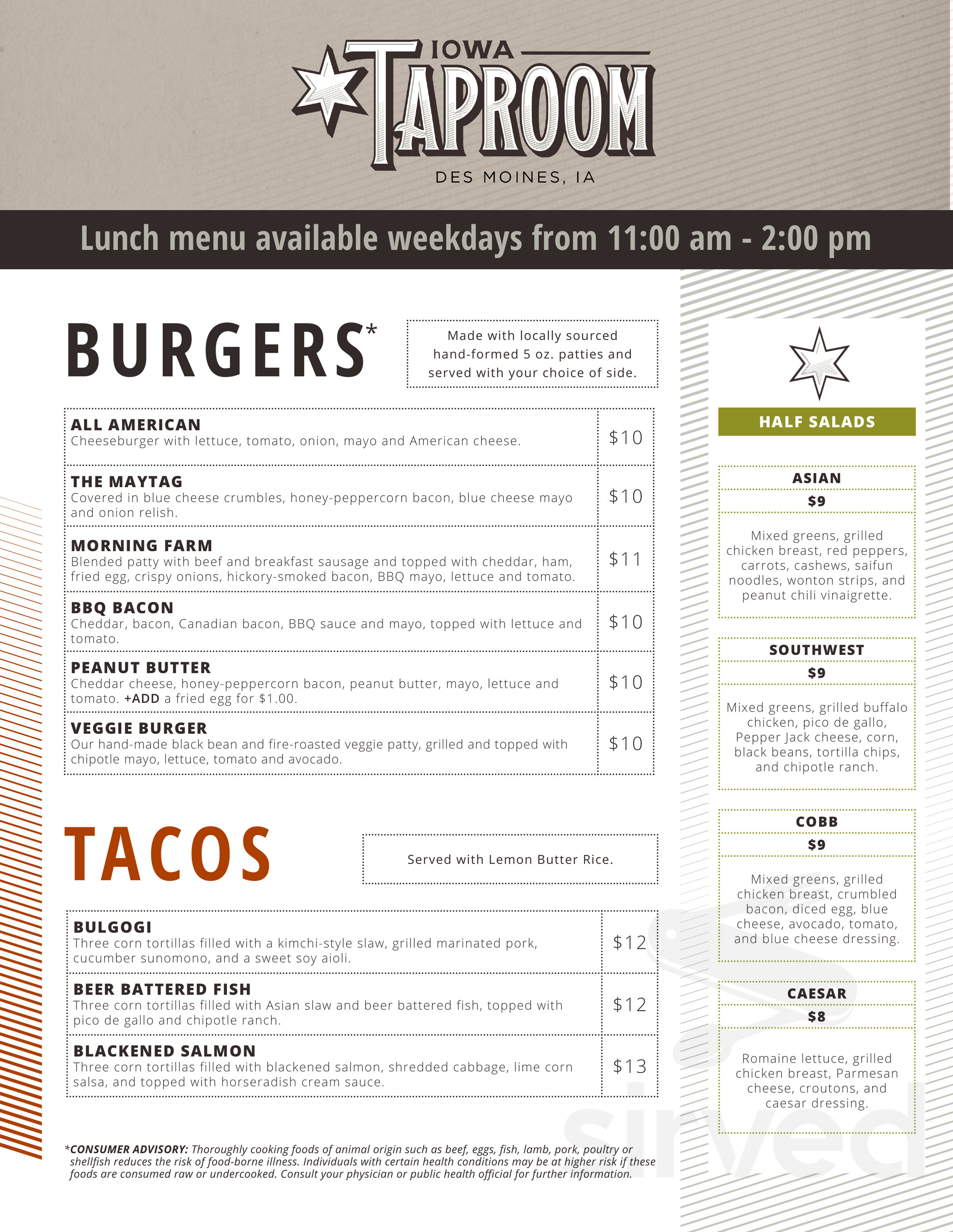 Menu for The Iowa Taproom in Des Moines, IA | Sirved