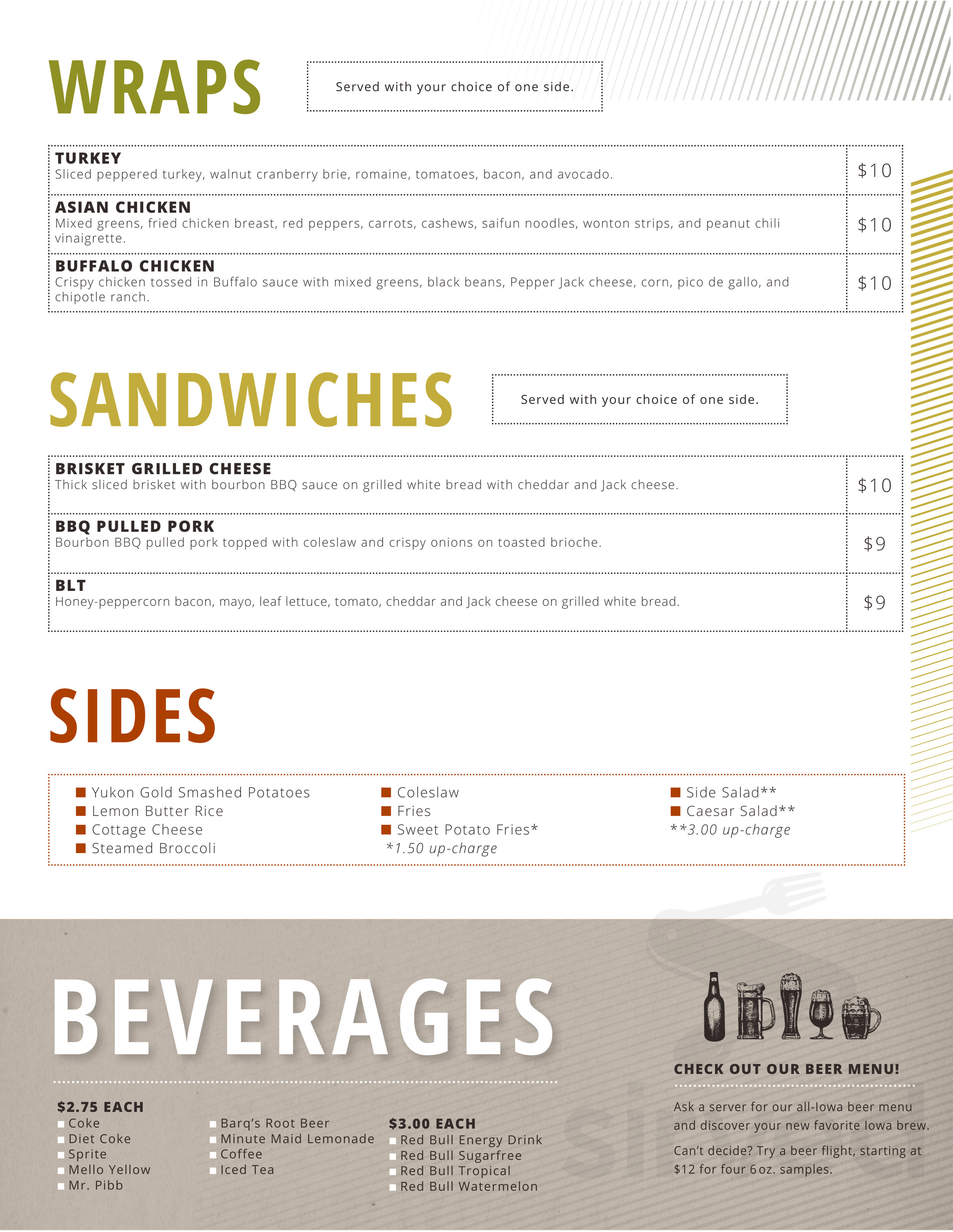 The Iowa Taproom menu in Des Moines, Iowa, USA