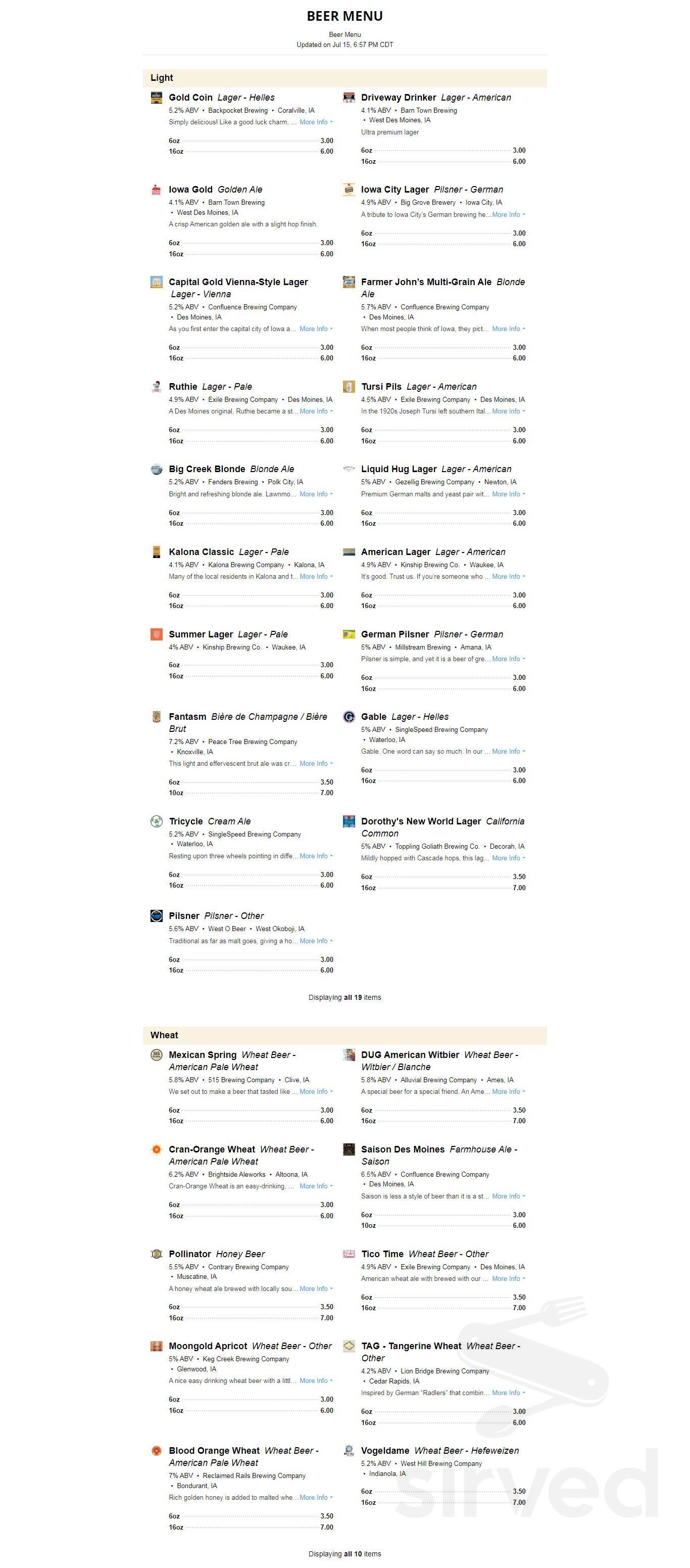 The Iowa Taproom menu in Des Moines, Iowa, USA