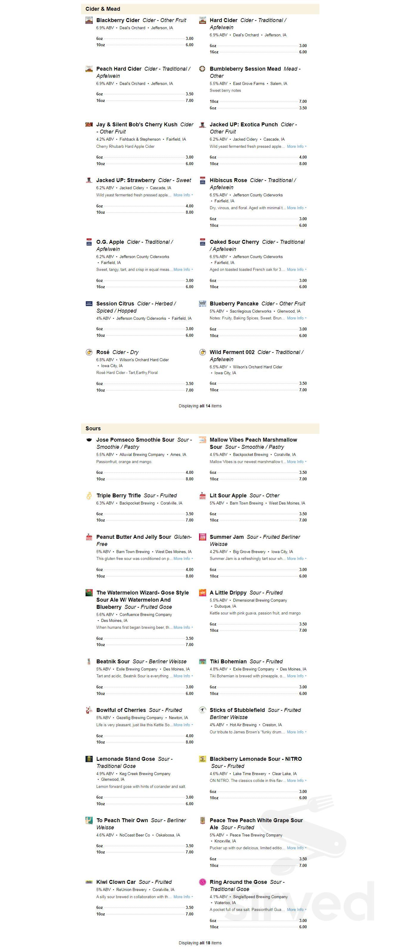 The Iowa Taproom menu in Des Moines, Iowa, USA