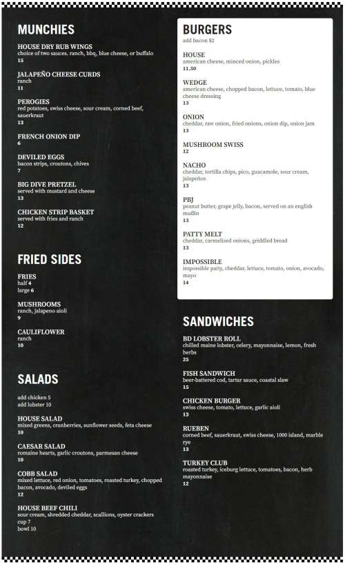 Burger Dive on Bay Street menu in St Paul, Minnesota, USA