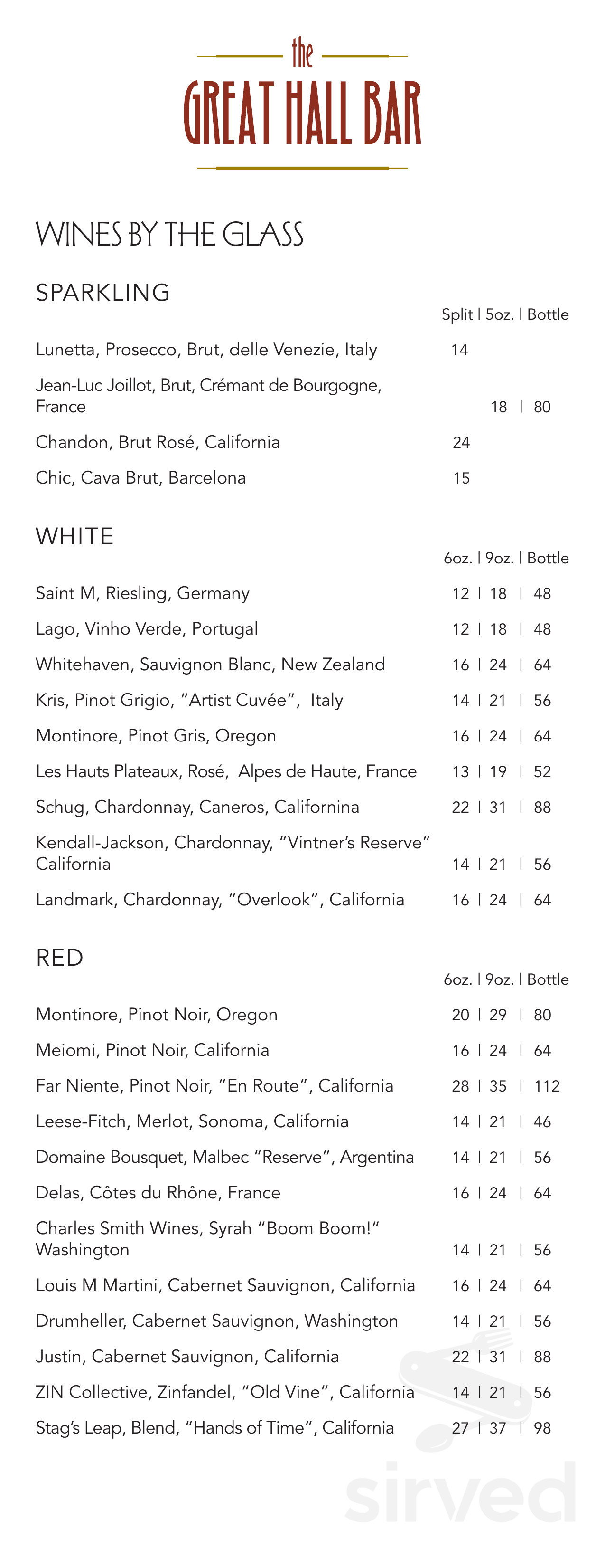 The Great Hall Bar menu in Asheville, North Carolina, USA