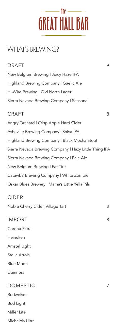 The Great Hall Bar menu in Asheville, North Carolina, USA