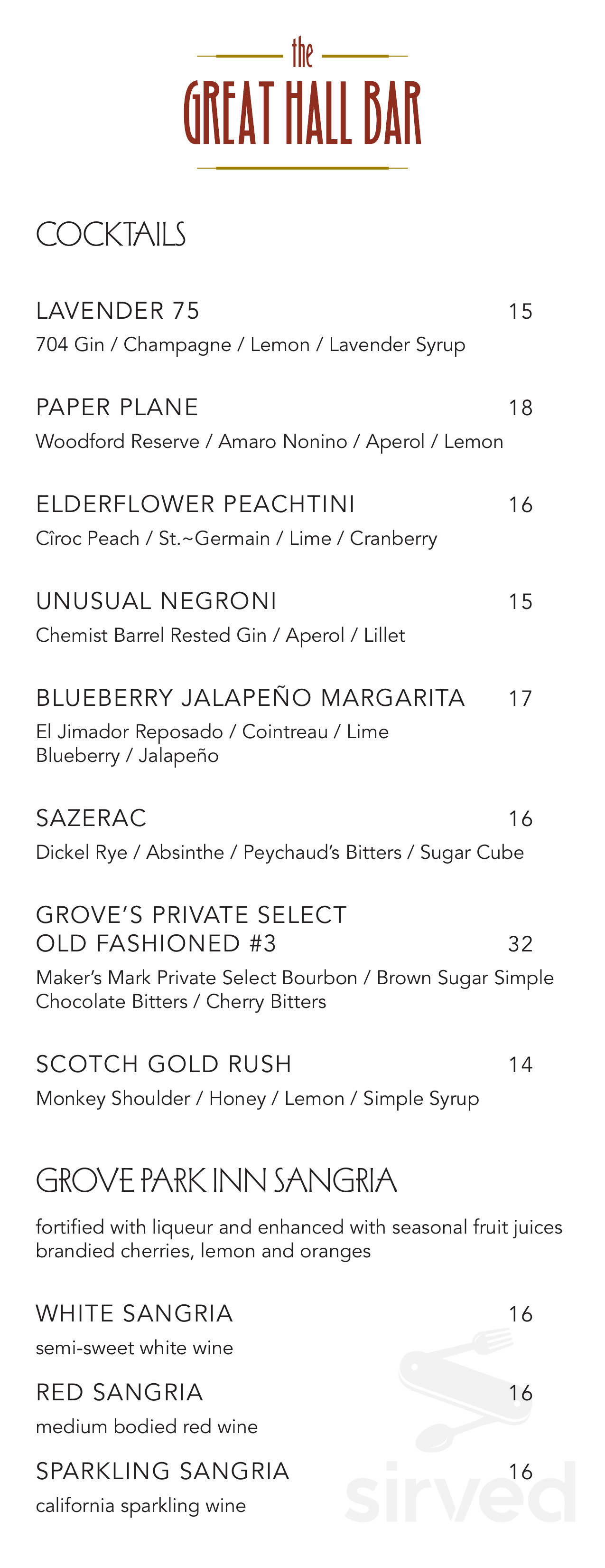 The Great Hall Bar menu in Asheville, North Carolina, USA