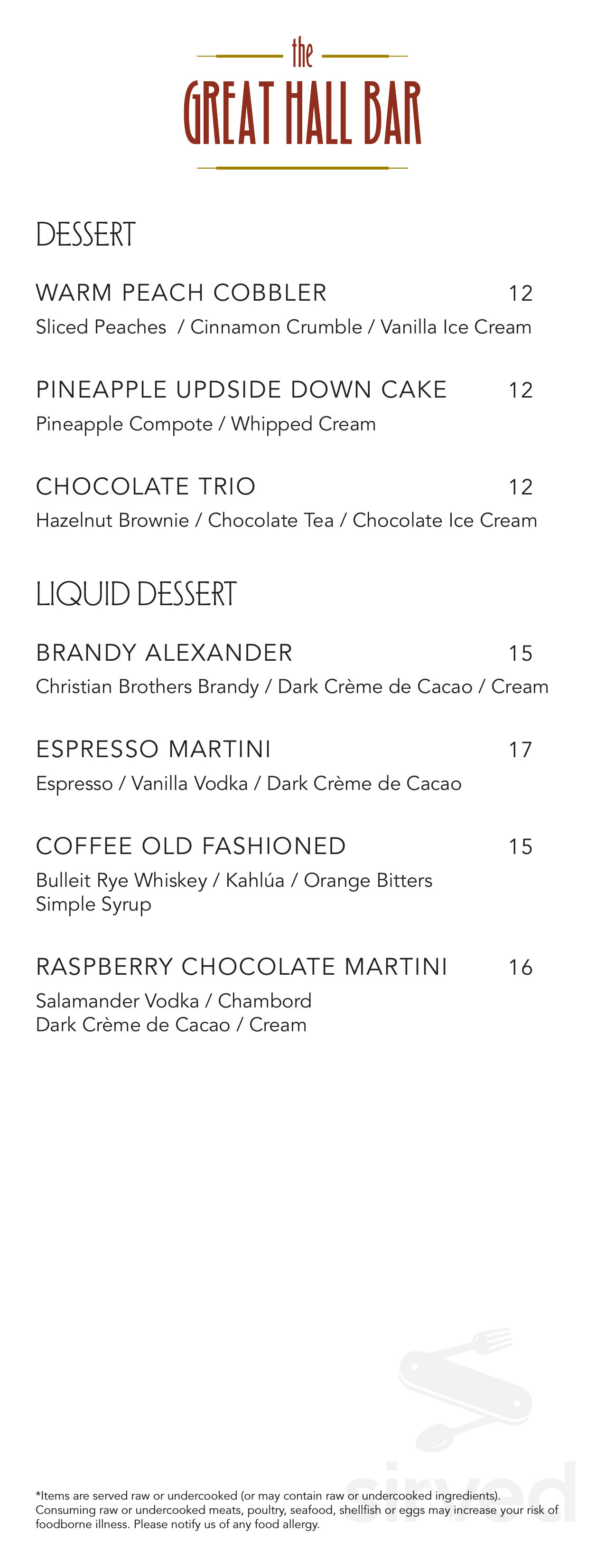 The Great Hall Bar menu in Asheville, North Carolina, USA