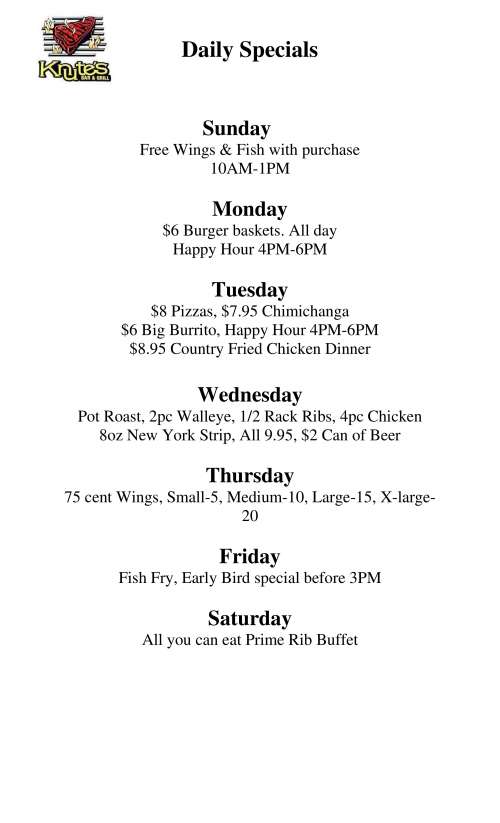 Knute's Bar & Grill menu in Orfordville, Wisconsin, USA