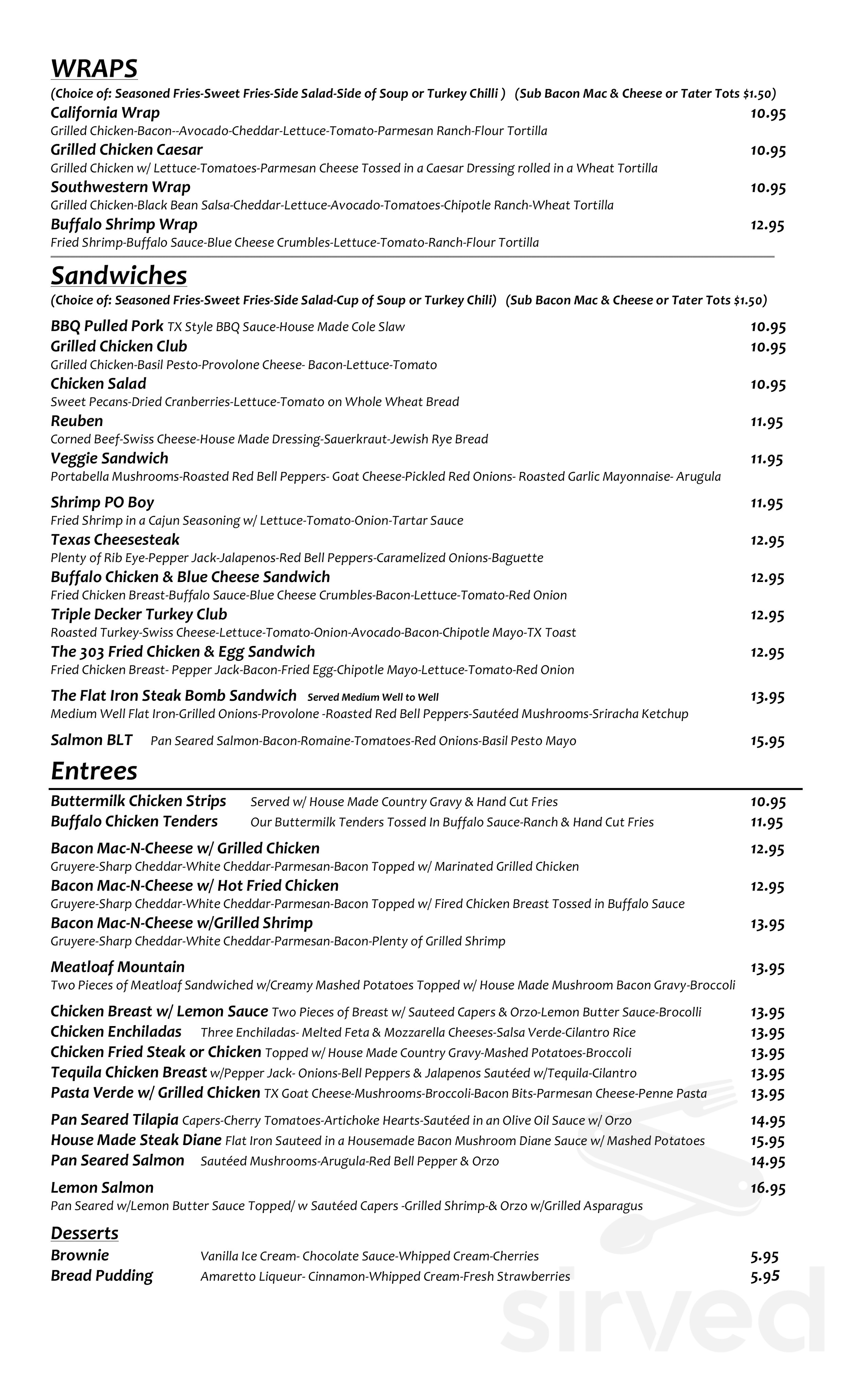 Menu for 303 Bar and Grill in Dallas, Texas, United States