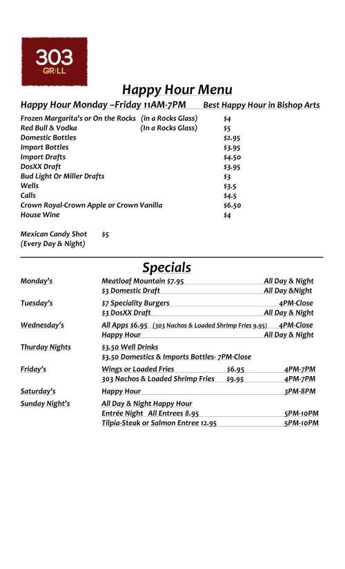 303 Bar and Grill menu in Dallas, Texas, USA