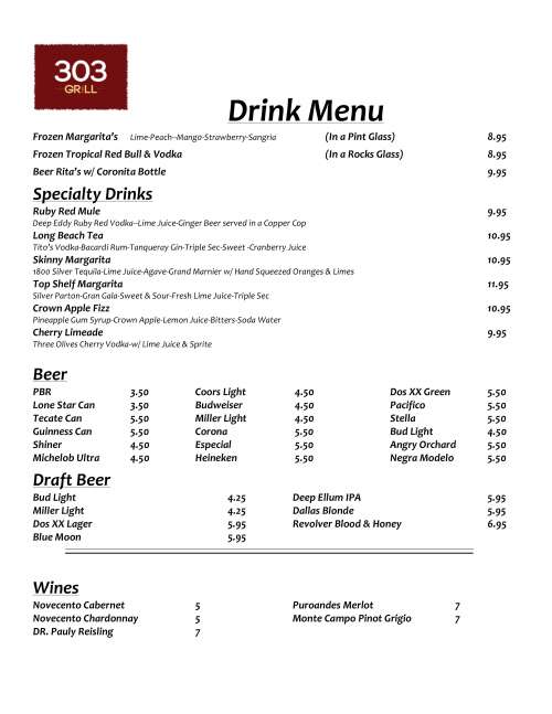 303 Bar and Grill menu in Dallas, Texas, USA