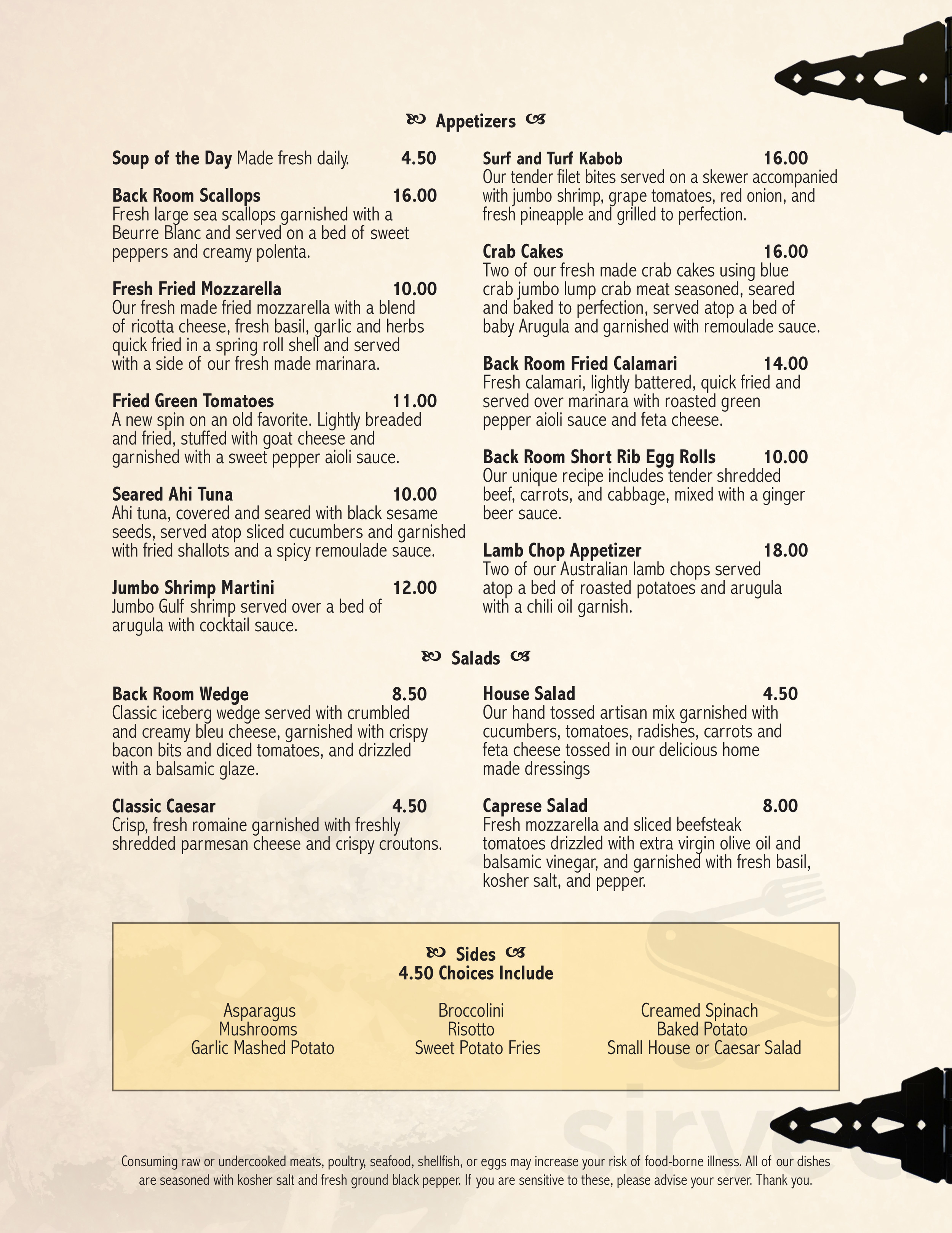 The Back Room Steakhouse menu in Apopka, Florida, USA