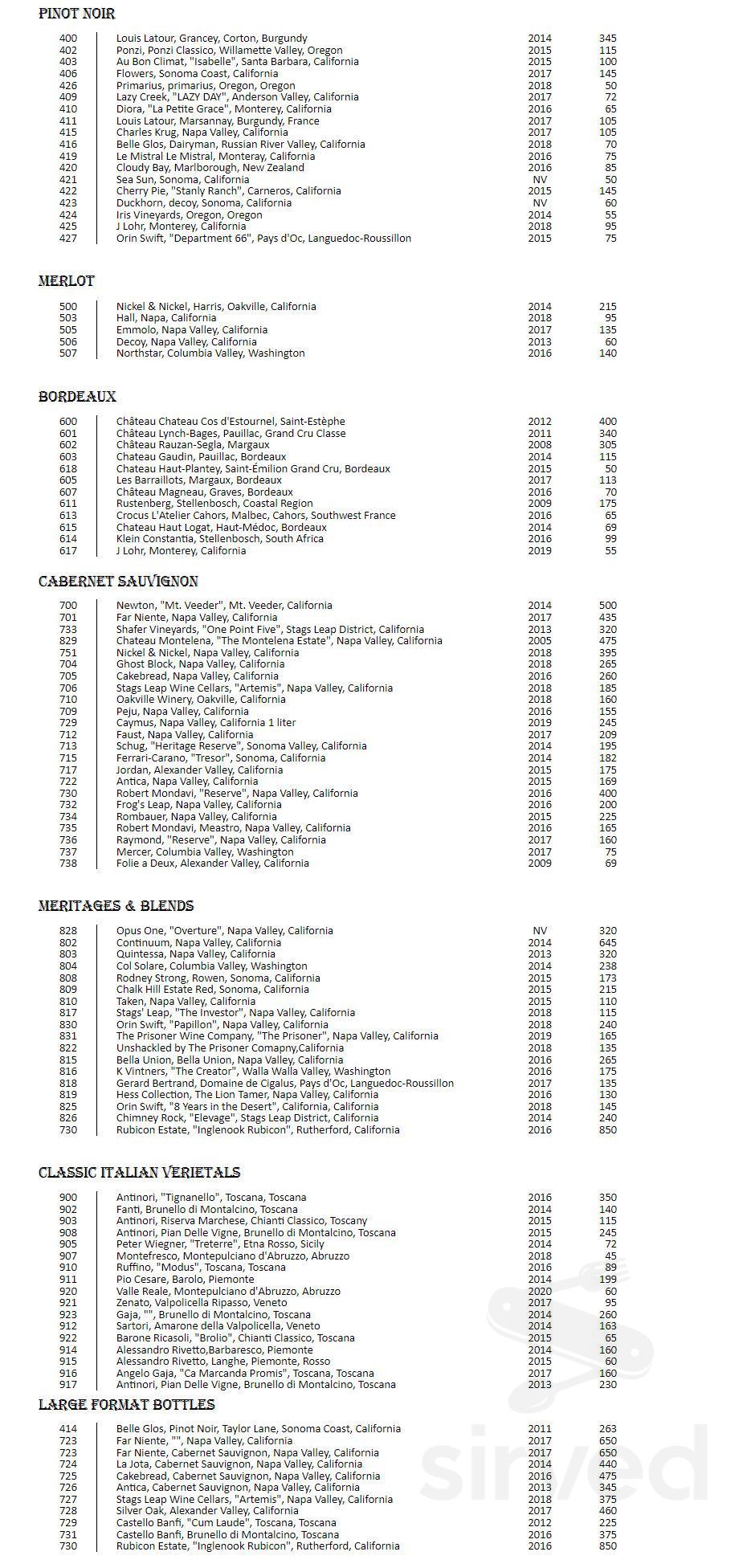 Creed's Seafood & Steaks menu in King of Prussia, Pennsylvania, USA