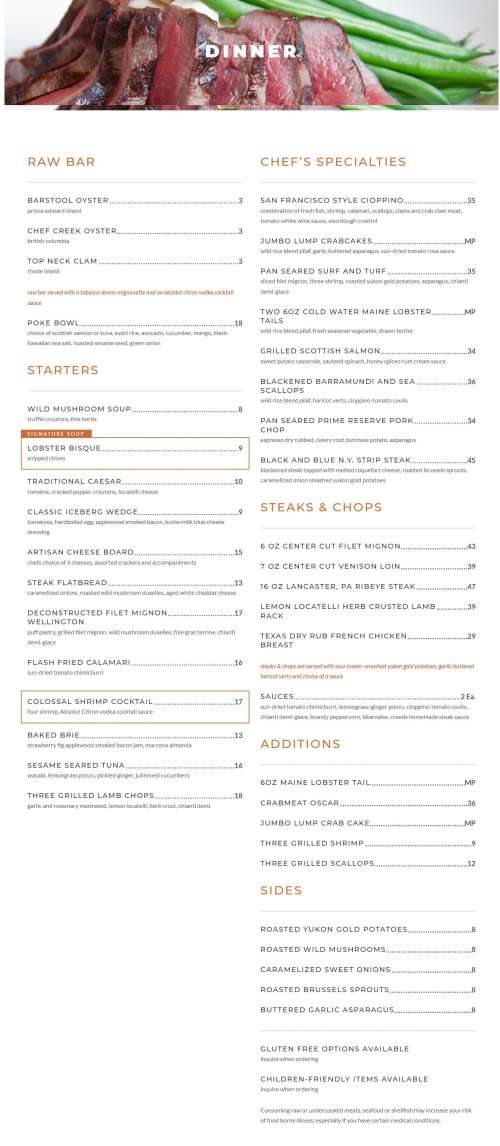 Creed's Seafood & Steaks menu in King of Prussia, Pennsylvania, USA