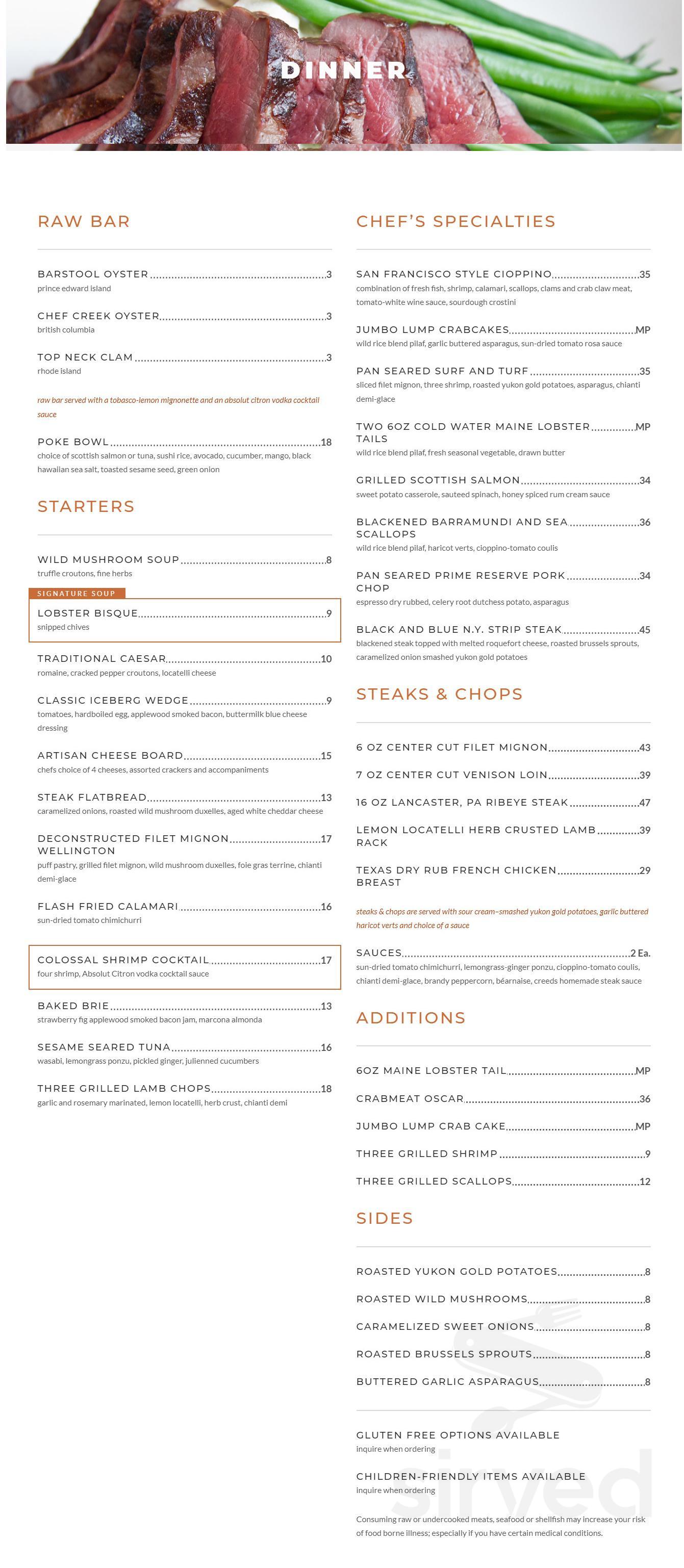 Creed's Seafood & Steaks menu in King of Prussia, Pennsylvania, USA