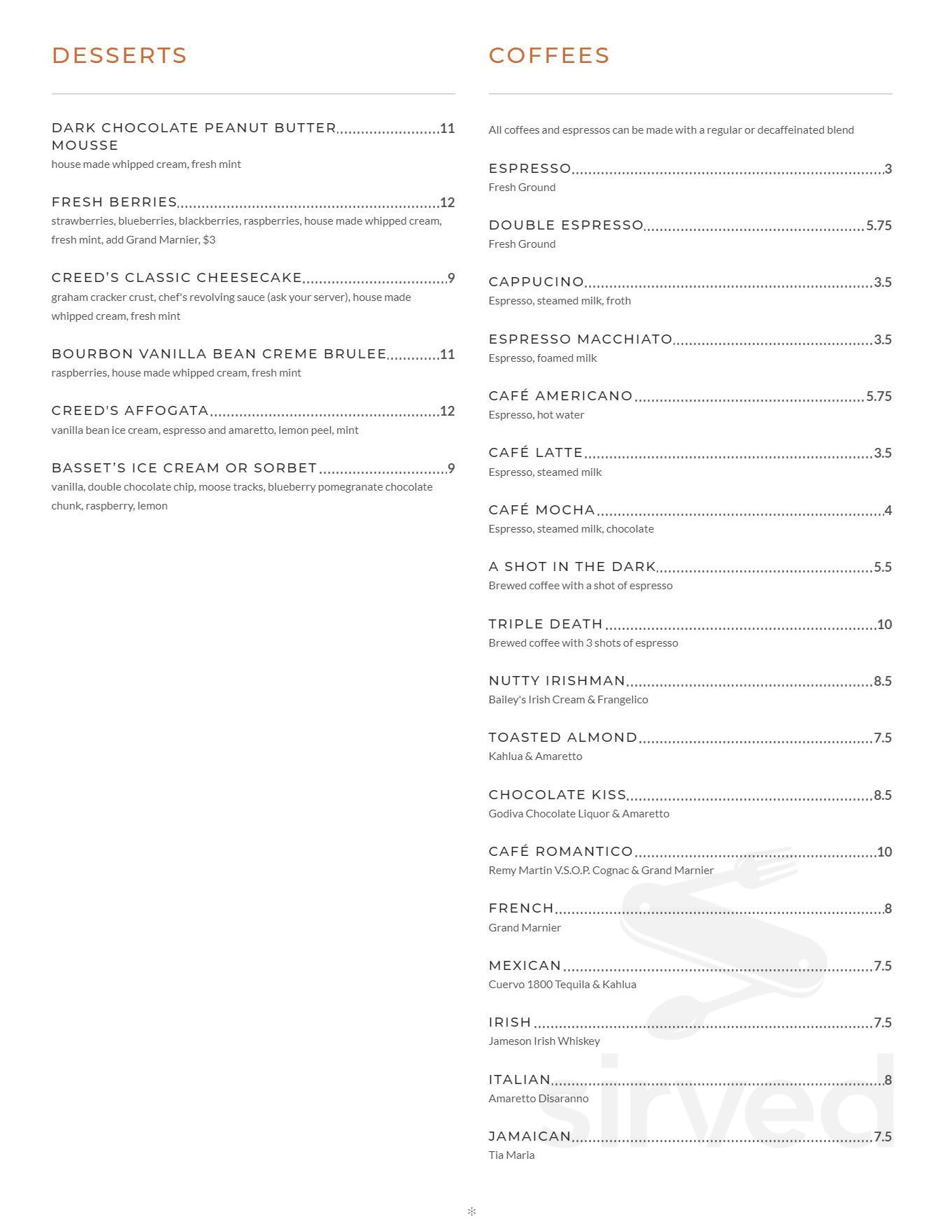 Creed's Seafood & Steaks menu in King of Prussia, Pennsylvania, USA