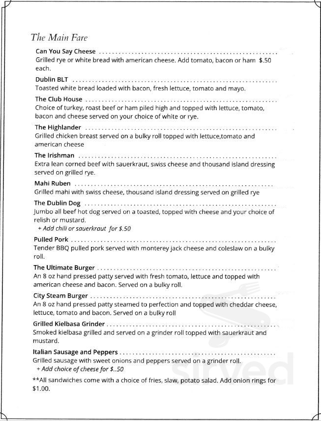 Menu for The Dublin in East Hampton, CT | Sirved
