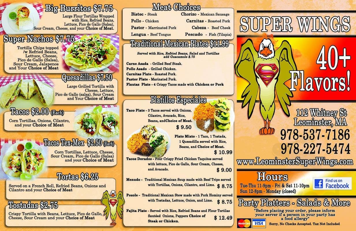 Super Wings menus in Leominster, Massachusetts, United States