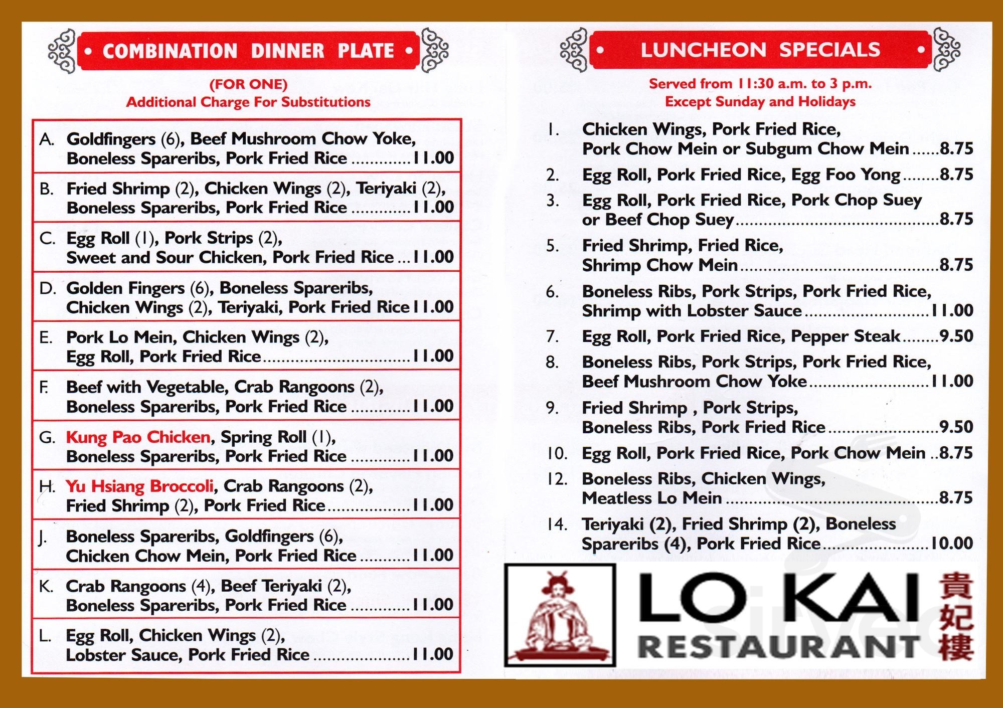 Lo Kai Restaurant menu in Dracut, Massachusetts, USA