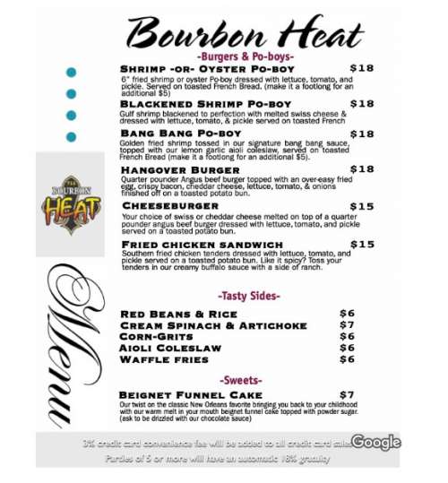 Bourbon Heat menu in New Orleans, Louisiana, USA
