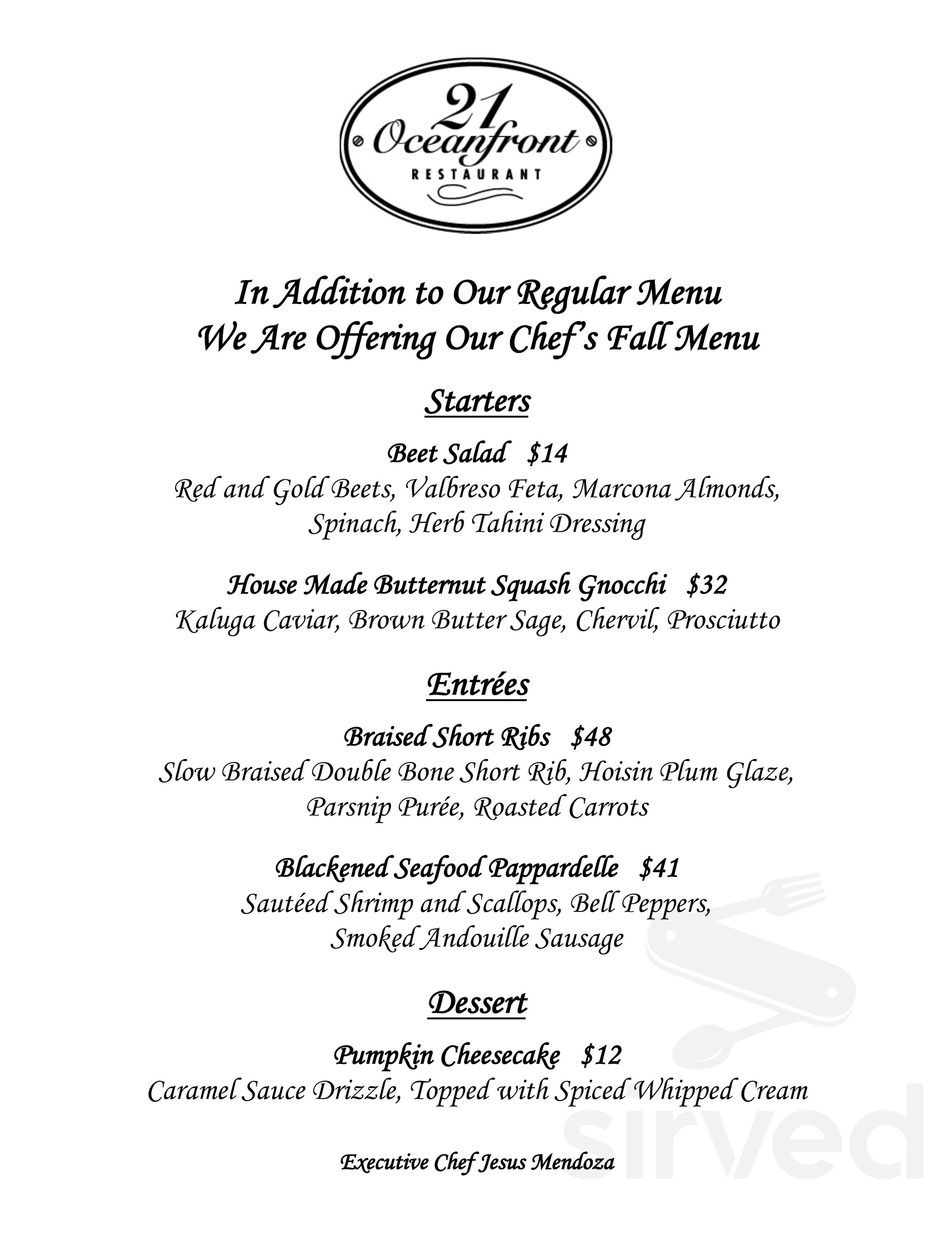 21 Oceanfront menu in Newport Beach, California, USA