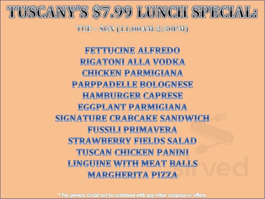 Tuscany Ristorante Williamsburg menu in Williamsburg, Virginia, USA