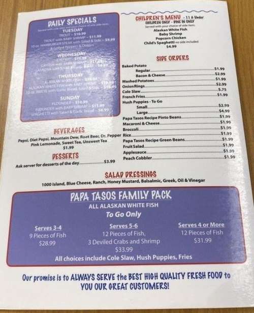 Papa Tasos menu in Wytheville, Virginia, USA