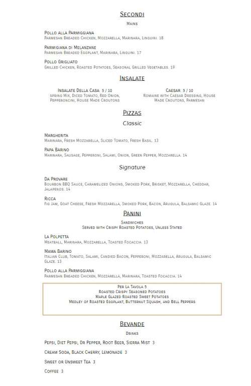 Barino Italian Southern Eatery menu in Columbia, Tennessee, USA
