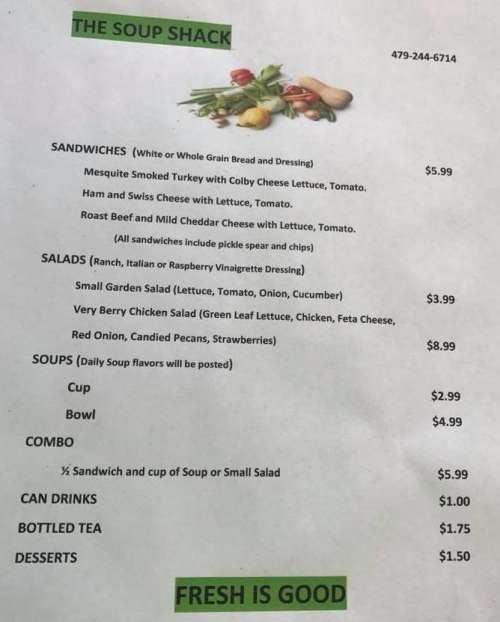 The Soup Shack menu in Eureka Springs, Arkansas, USA