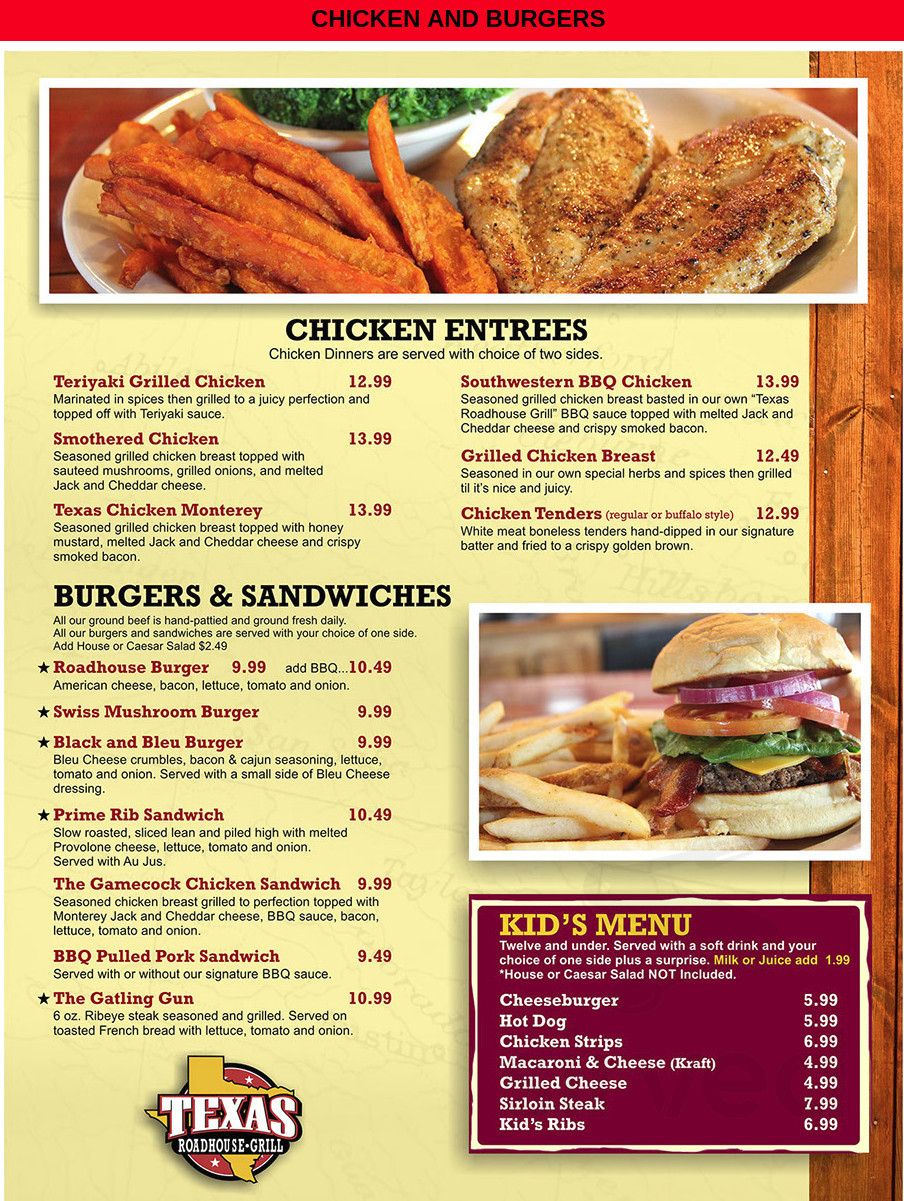 Texas Roadhouse Grill menu in Myrtle Beach, South Carolina, USA