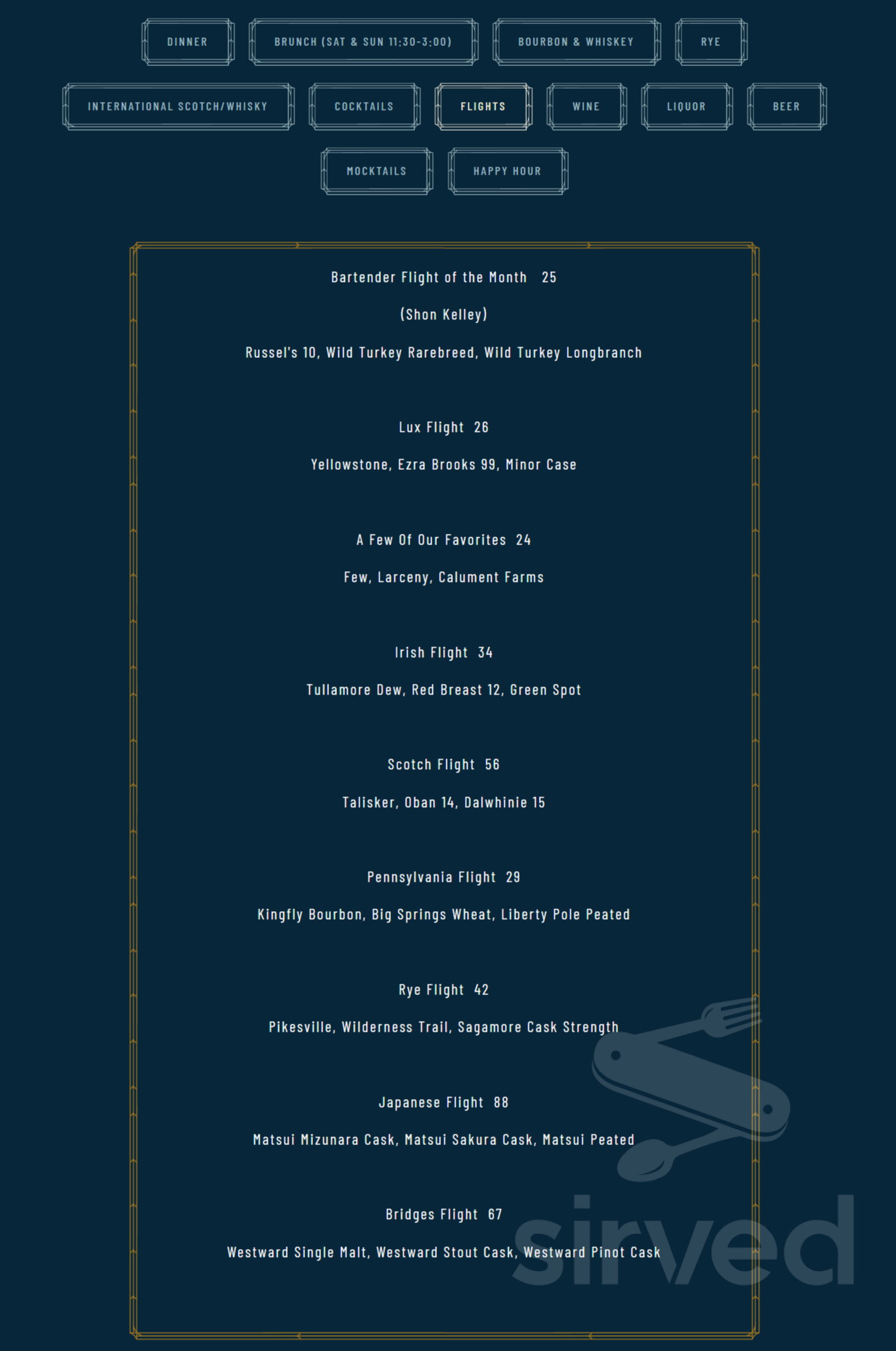 Bridges & Bourbon menu in Pittsburgh, Pennsylvania, USA