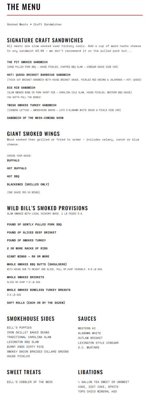 Wild Bill's BBQ menu in Charlotte, North Carolina, USA