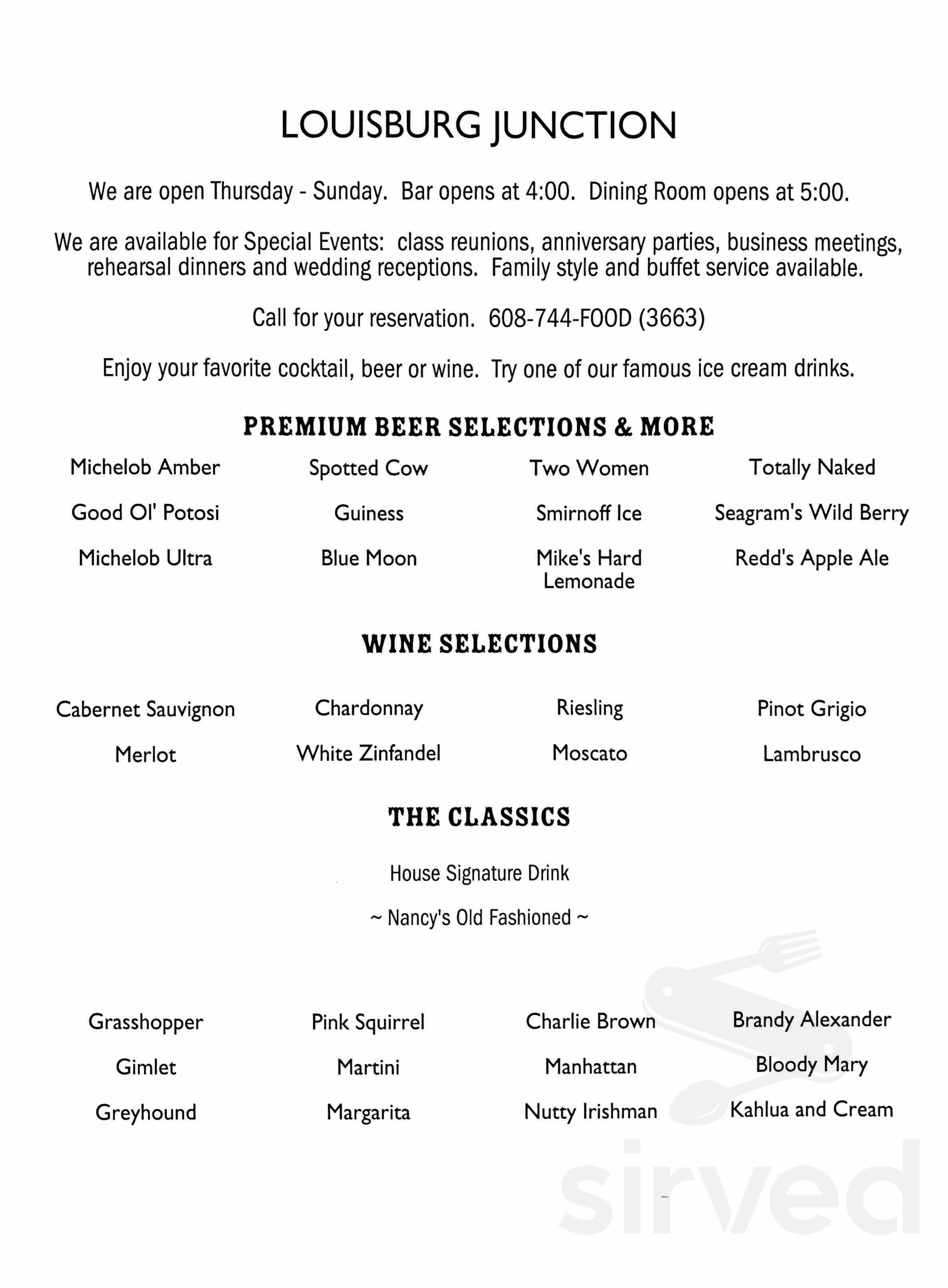 Menu for Louisburg Junction Supper Club in Cuba City, WI | Sirved