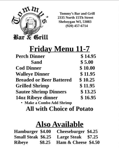 Tommy's Bar menu in Sheboygan, Wisconsin, USA
