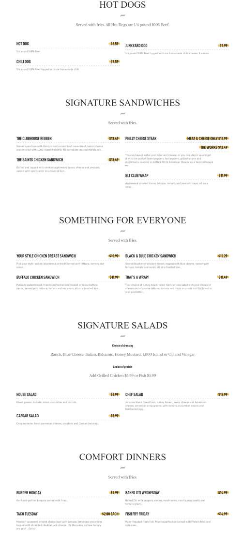 The Saints Pub menu in Port St. Lucie, Florida, USA