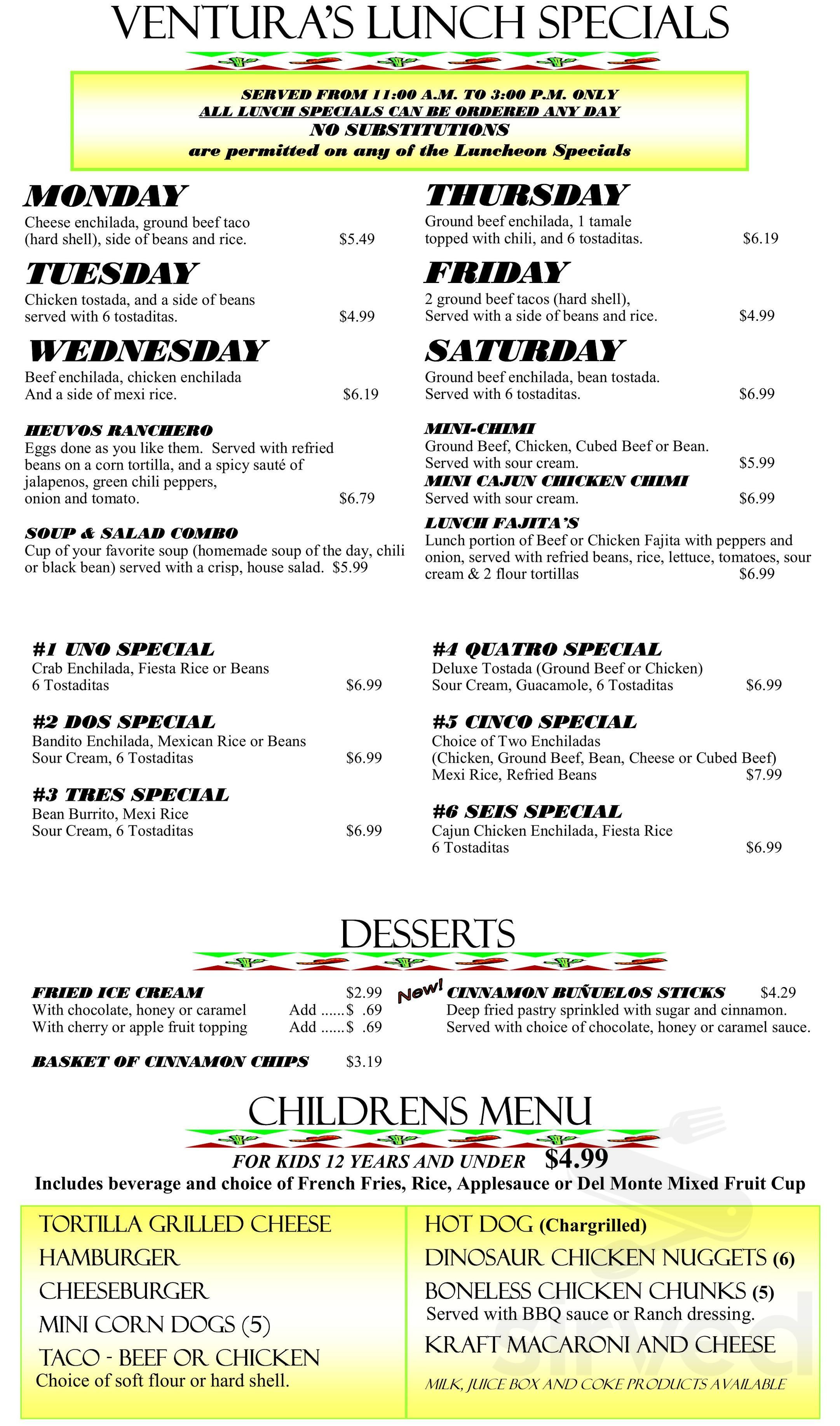 Ventura's Mexican Restaurant menu in Toledo, Ohio, USA