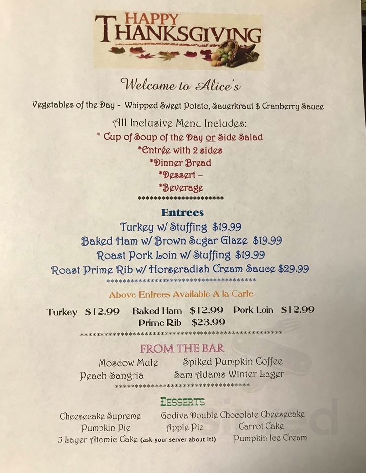 Menu for Alice's - A Family Restaurant in Baltimore, MD | Sirved