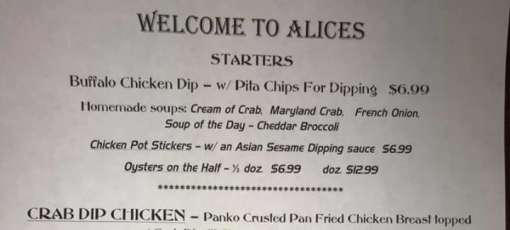 Menu for Alice's - A Family Restaurant in Baltimore, MD | Sirved