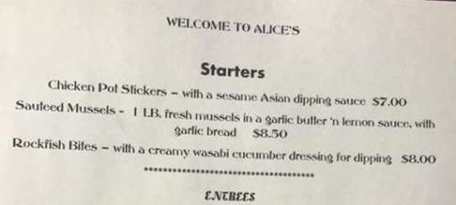 Menu for Alice's - A Family Restaurant in Baltimore, MD | Sirved